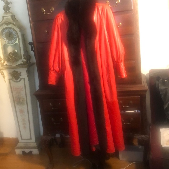 Jackets & Coats | Red Full Length Leather Coat With Fox Collar | Poshmark